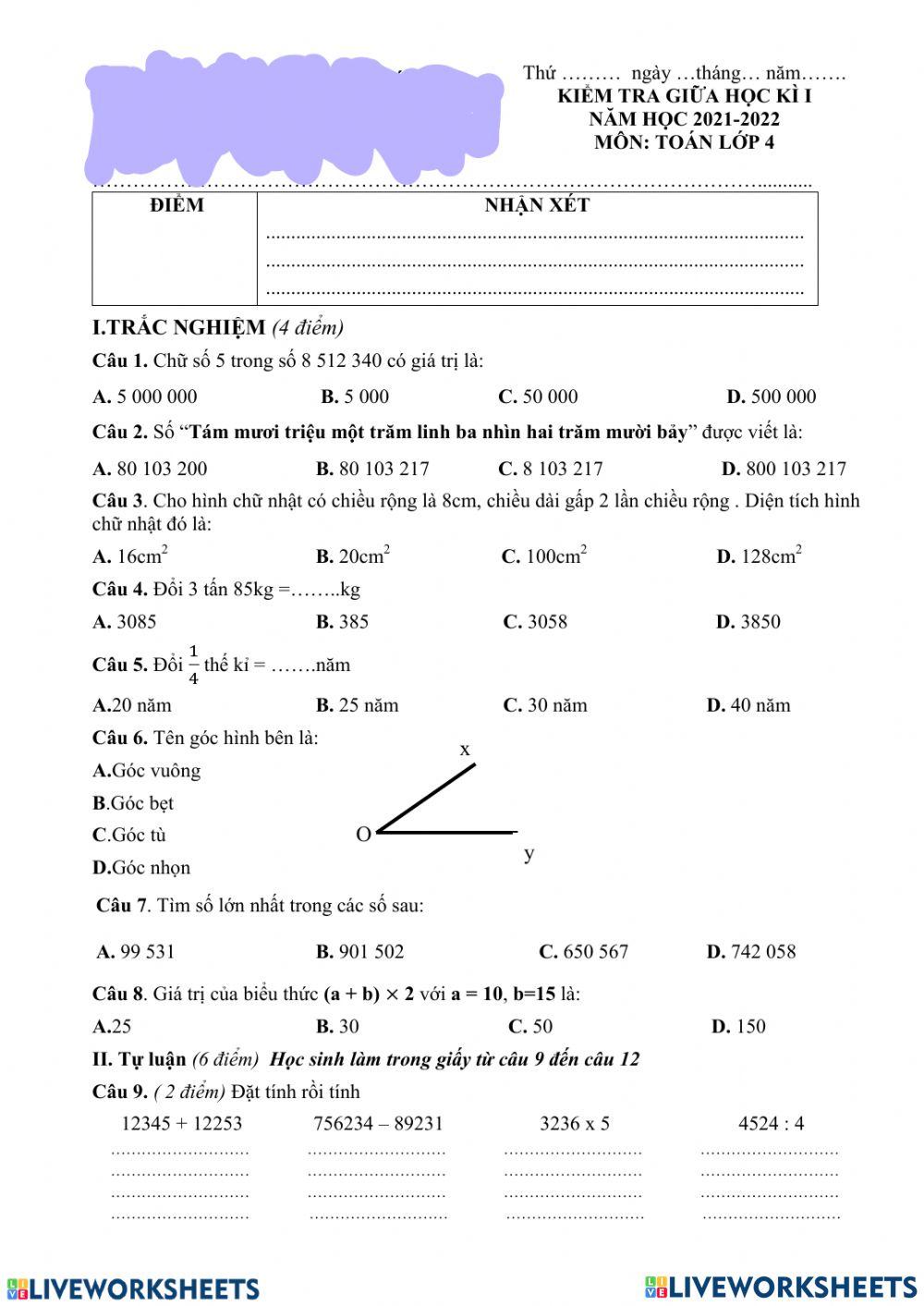 Ôn tập online activity for 4 | Live Worksheets