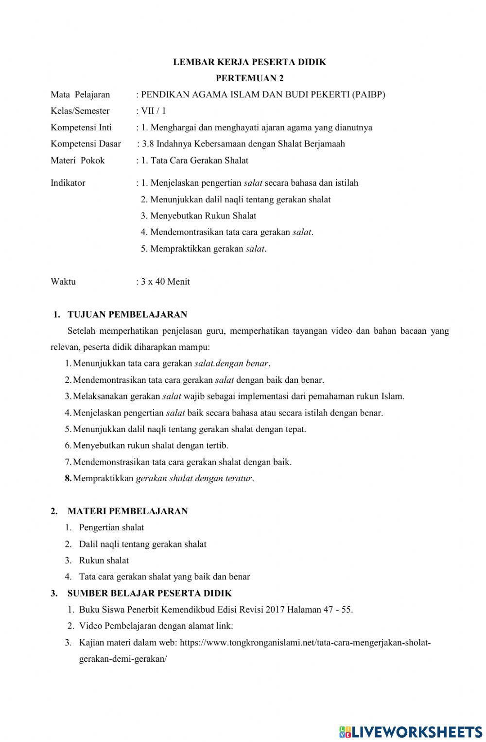 Gerakan Shalat interactive worksheet | Live Worksheets