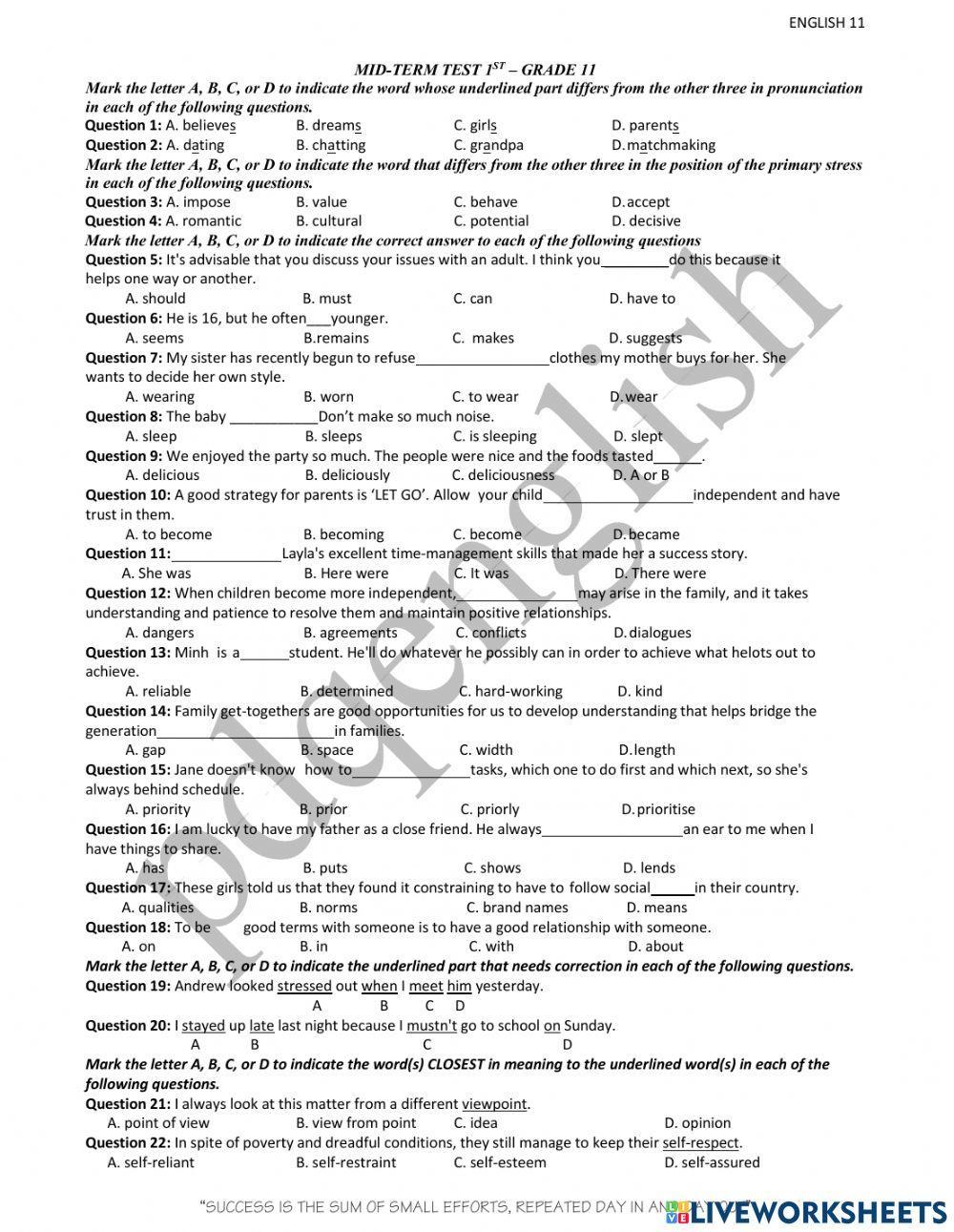 E11- Revision U1-3 worksheet | Live Worksheets