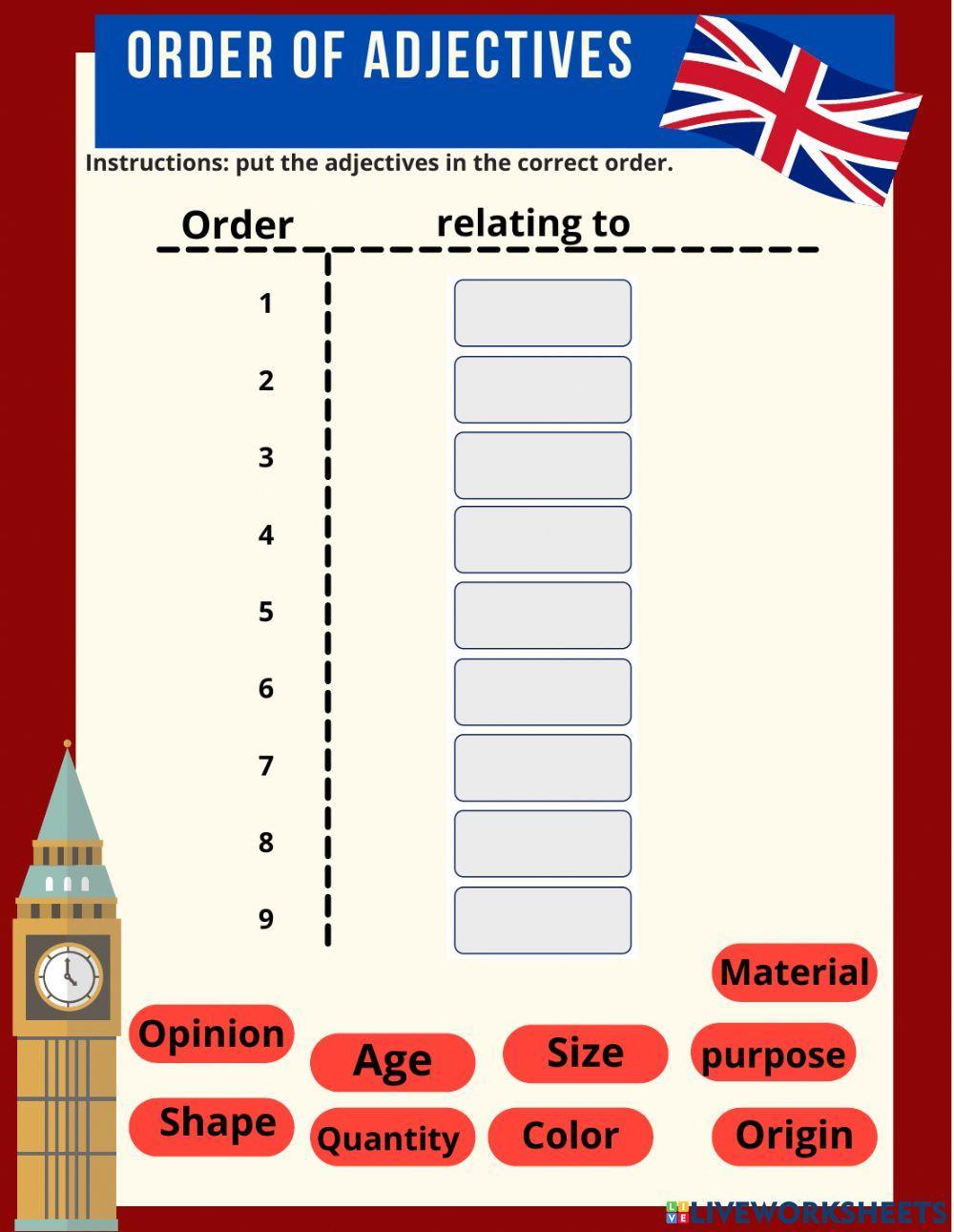 1626331 | Order of adjectives | taniiaa | LiveWorksheets