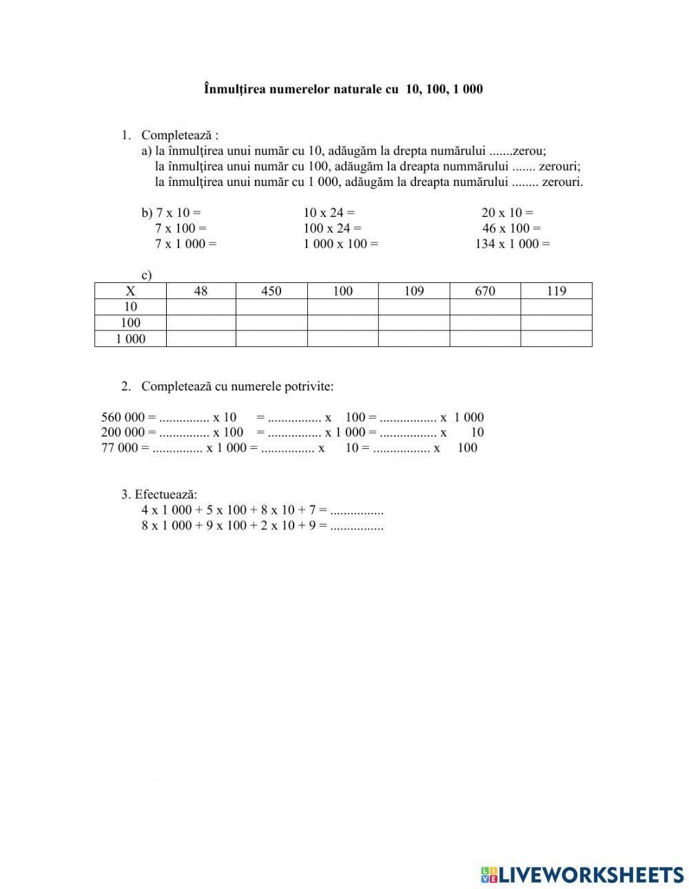 10 100 1000 worksheet | Live Worksheets