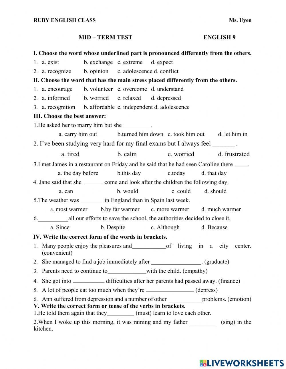 ENGLISH 9 - MID TERM 1 TEST online exercise for | Live Worksheets