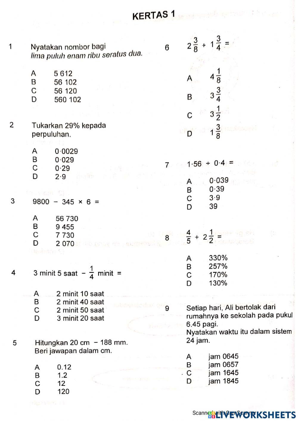 Kertas 1 online activity for Tahun 6 | Live Worksheets