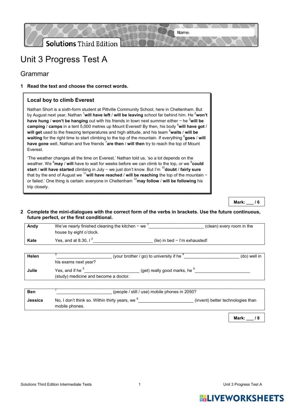 sol Int test 3 online exercise for | Live Worksheets