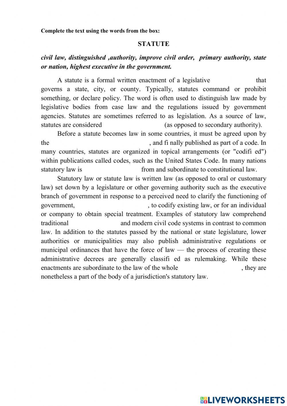 Statute p.39 worksheet | Live Worksheets