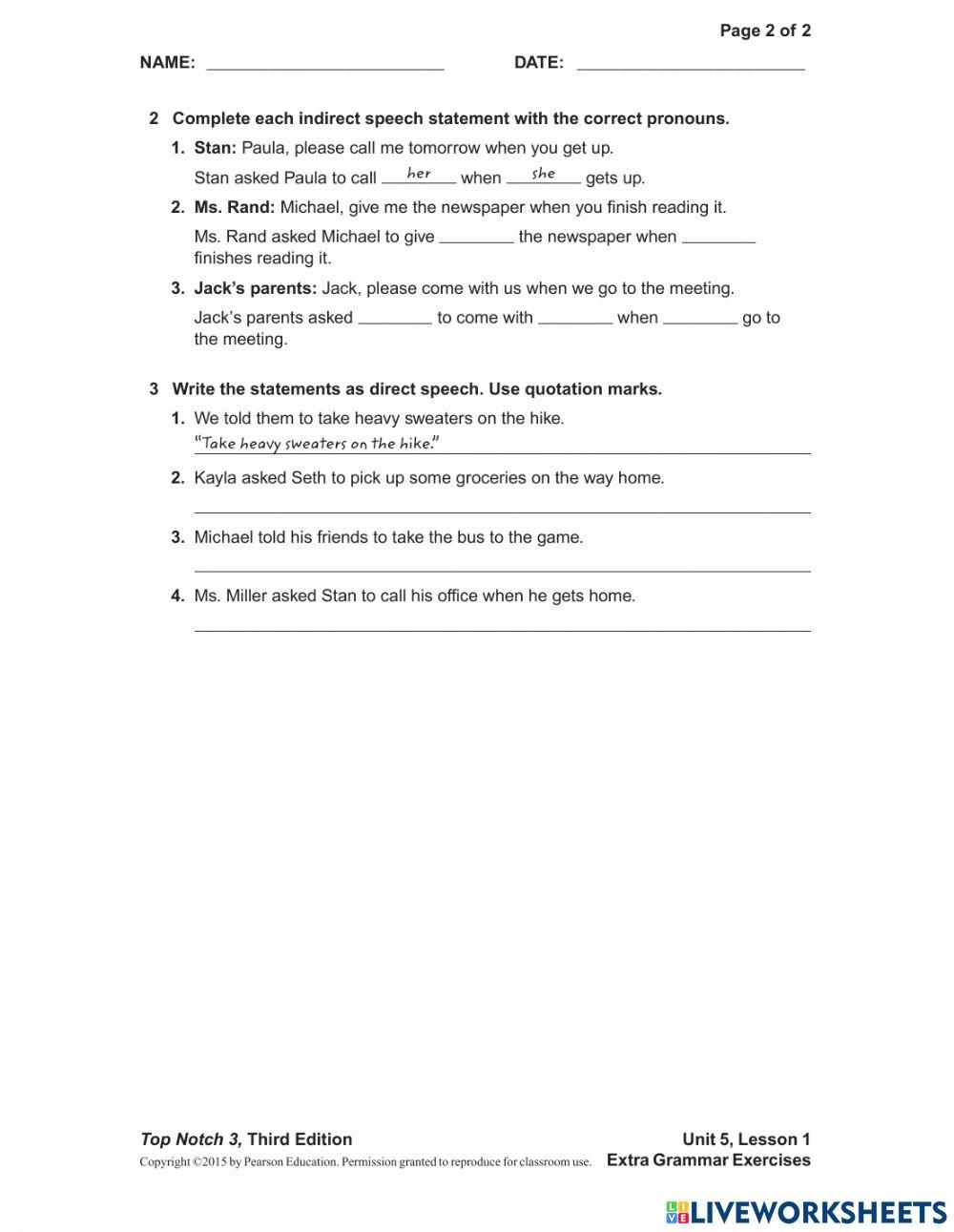 Indirect Speech- Practice online exercise for | Live Worksheets