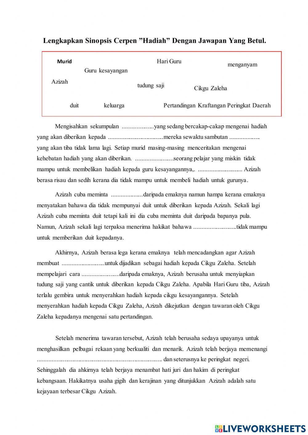 Cerpen Hadiah 1627971 | Cikguaziz96 | Live Worksheets