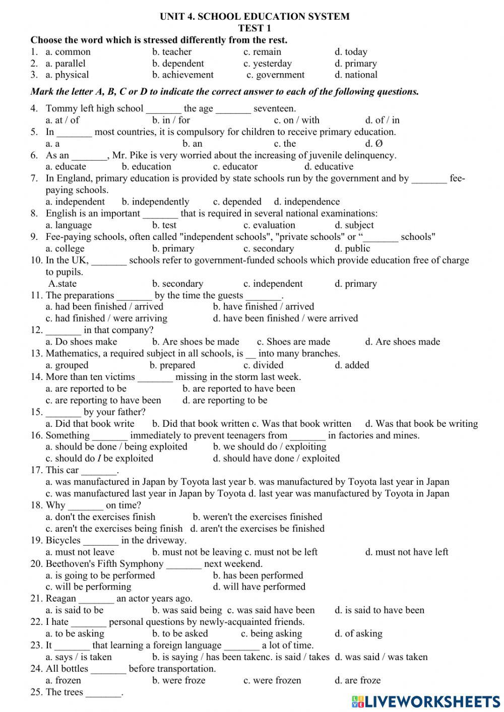 Test 1- unit 4- grade 12 worksheet | Live Worksheets