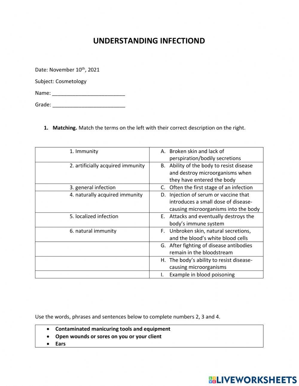 Understanding Infections online exercise for | Live Worksheets