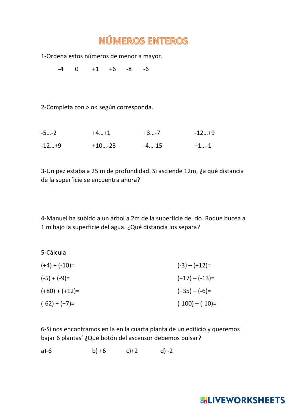 Números enteros online exercise for Sexto de primaria | Live Worksheets