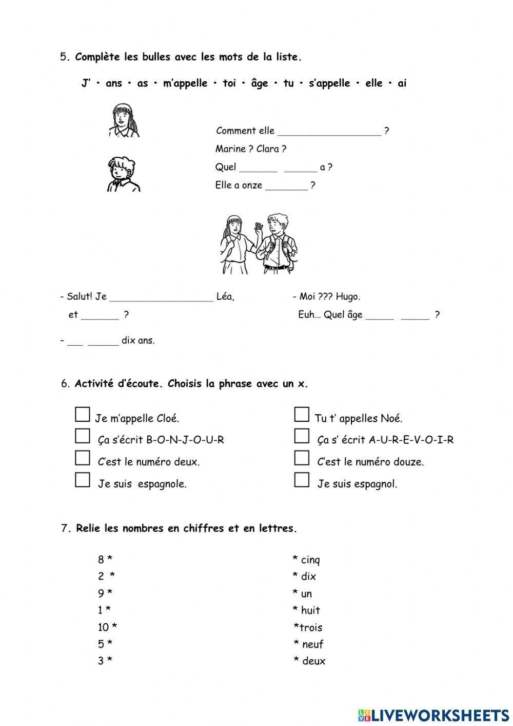 Évaluation de Français Unité1 worksheet | Live Worksheets