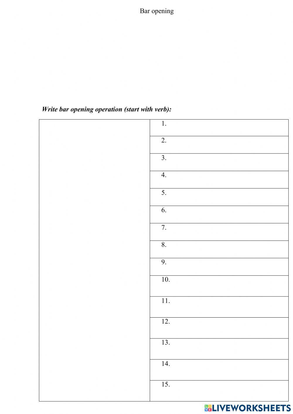 Bar opening worksheet | Live Worksheets