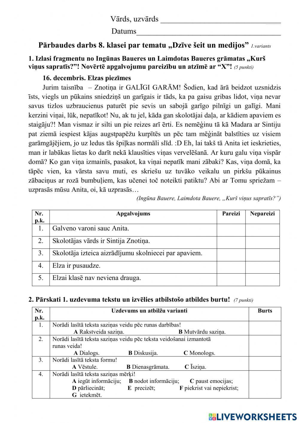 Pārbaudes darbs… | Free Interactive Worksheets | 1603522