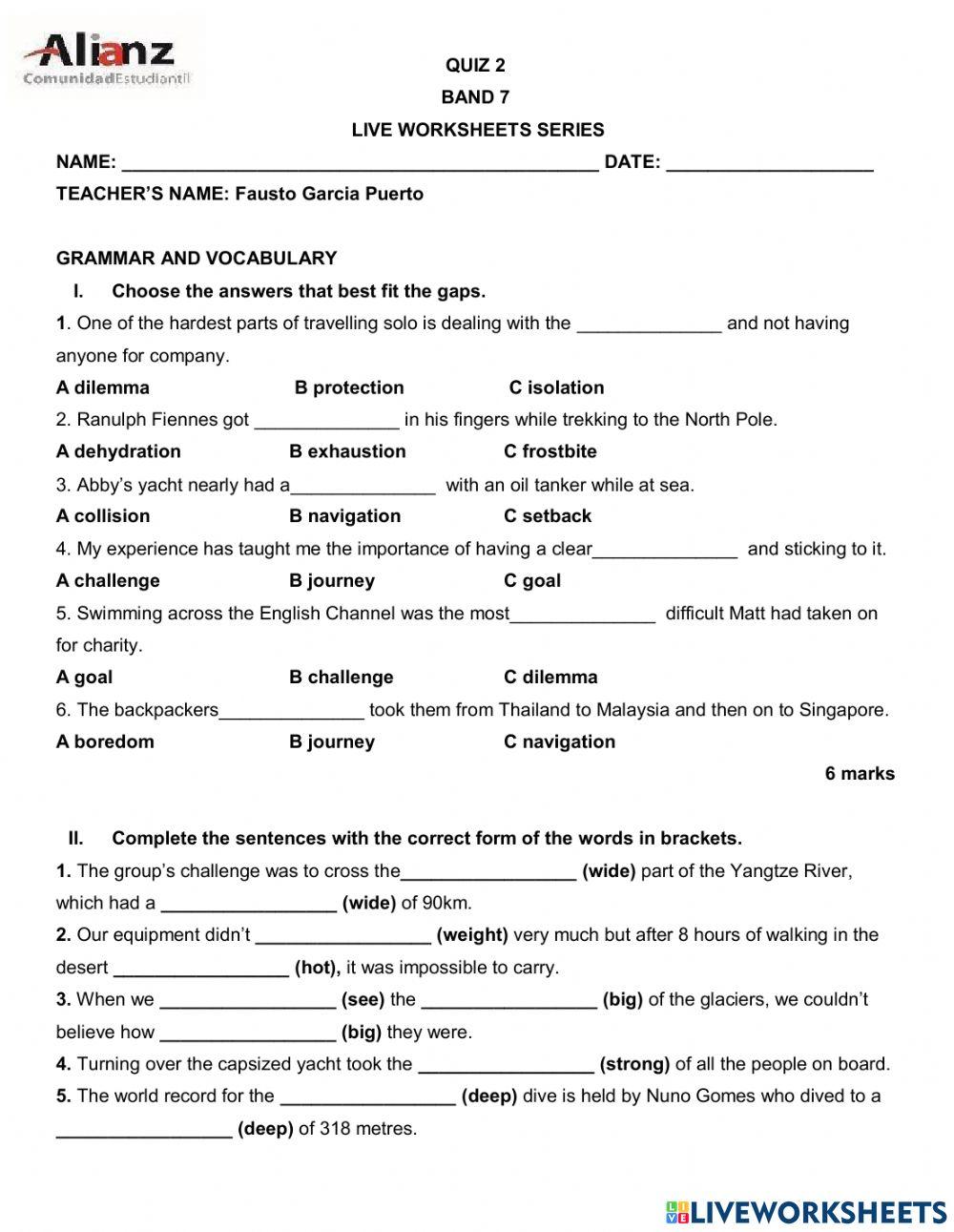 Quiz 2 Band 7 Trim 1 Liveworksheets version online exercise for | Live Worksheets