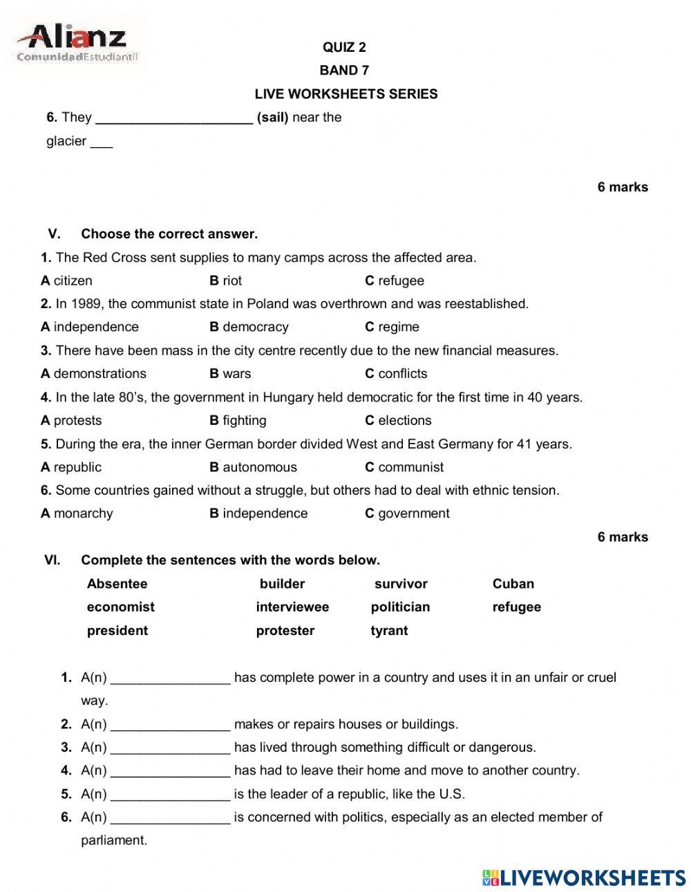 Quiz 2 Band 7 Trim 1 Liveworksheets version online exercise for | Live Worksheets