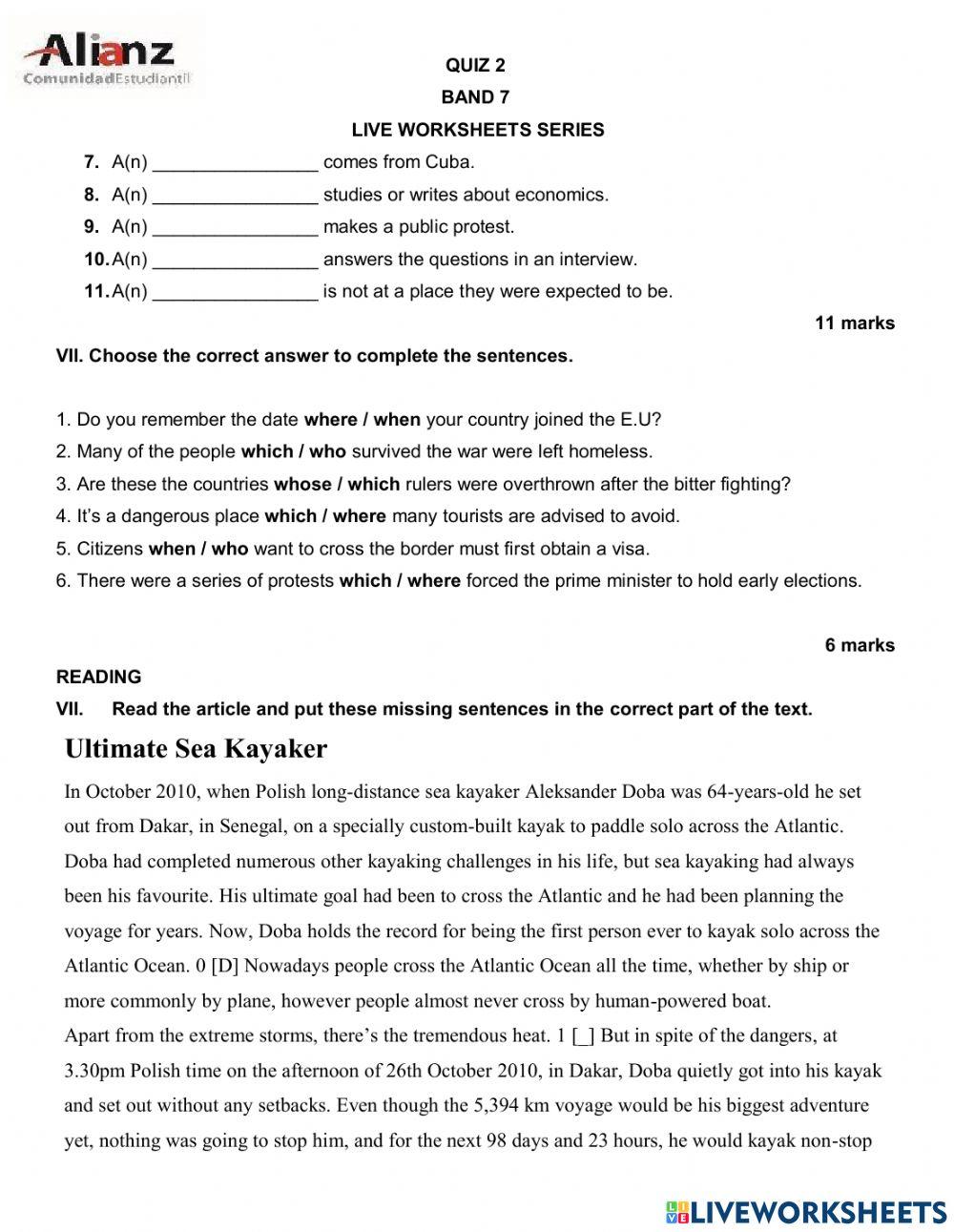 Quiz 2 Band 7 Trim 1 Liveworksheets version online exercise for | Live ...