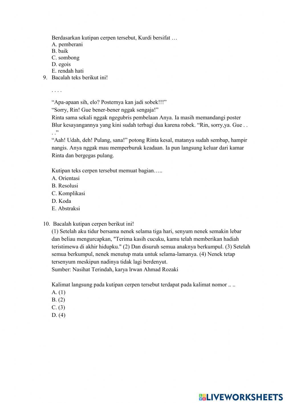 Cerpen interactive activity | Live Worksheets