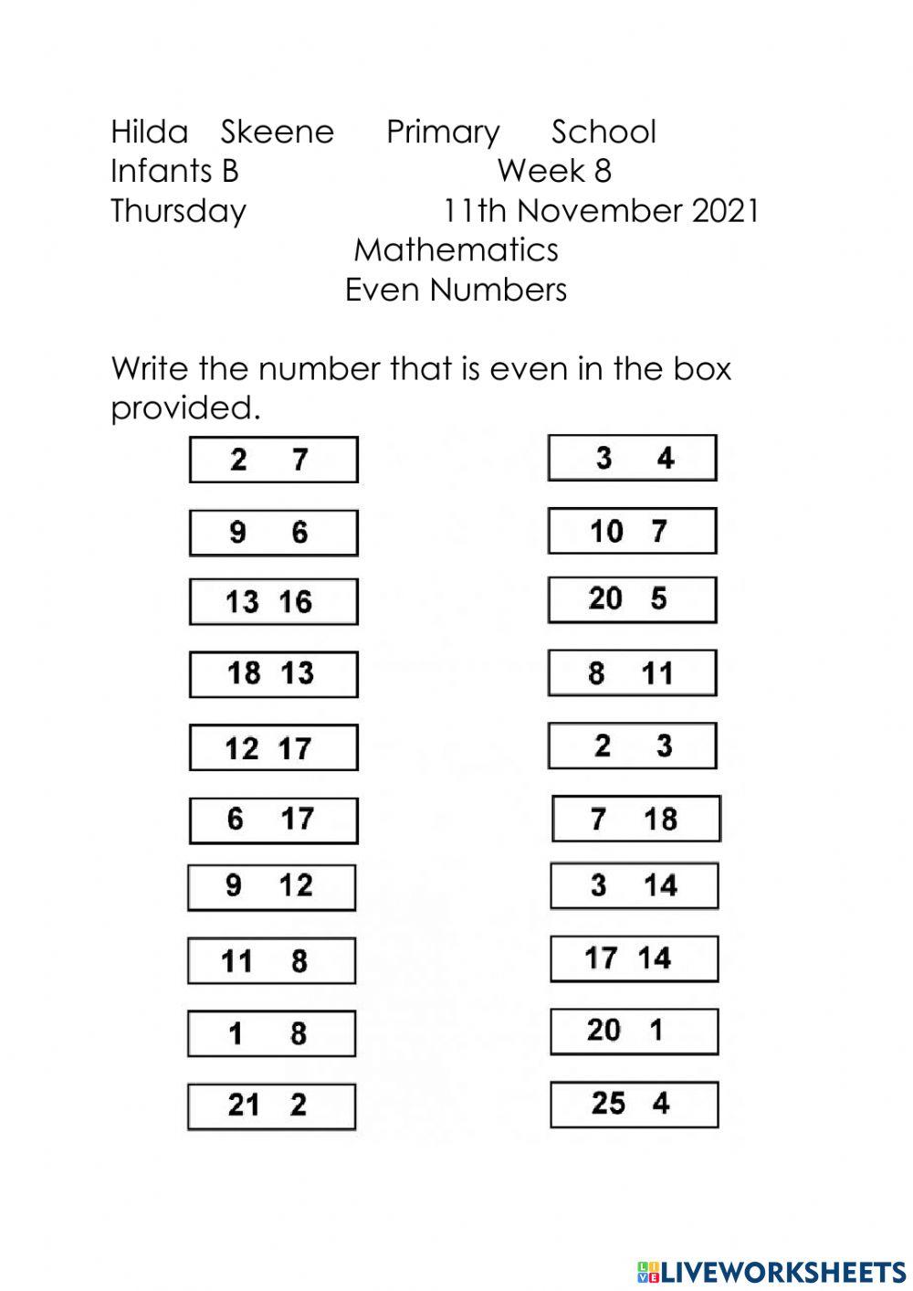 Even Numbers online exercise for | Live Worksheets
