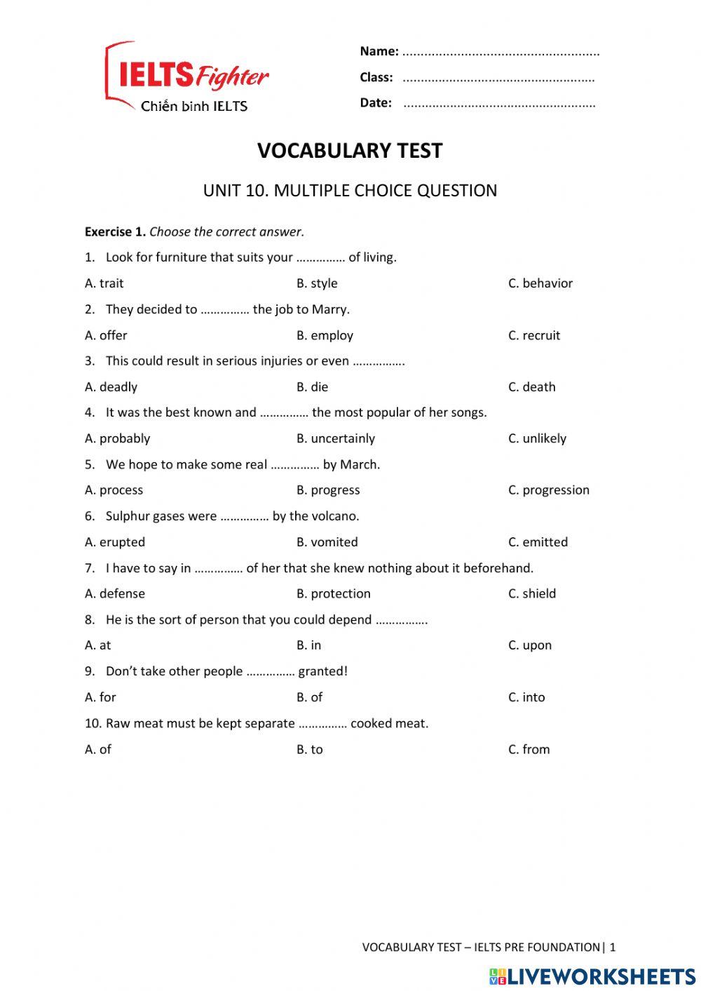 1629892 | VOCAB TEST 10. UNIT 10. Multiple choice