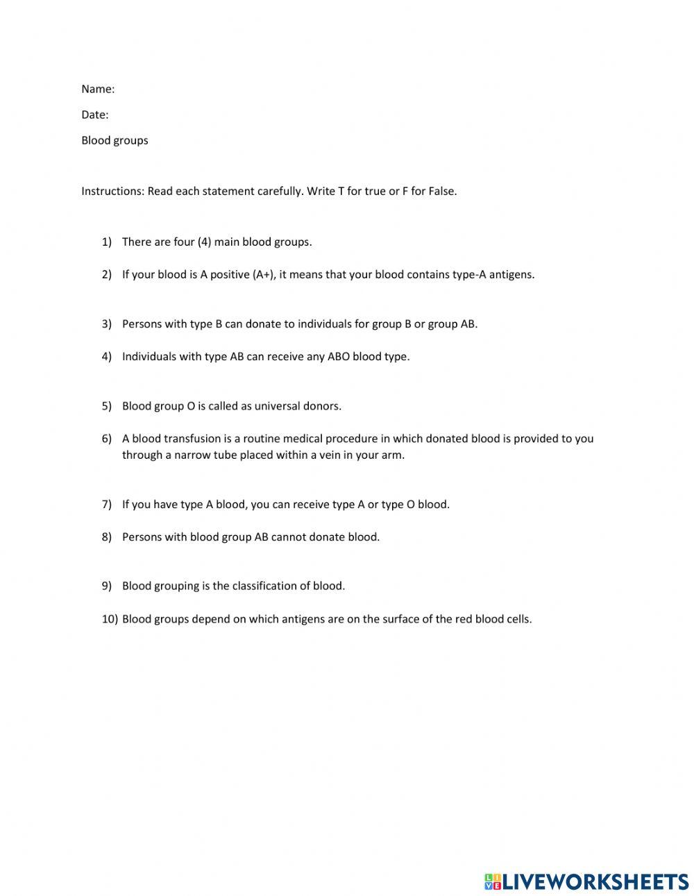 Blood groups Worksheet online exercise for | Live Worksheets