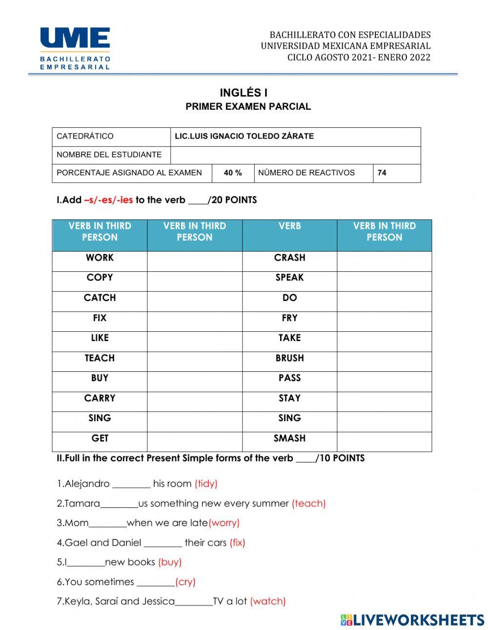 Exam-english i worksheet | Live Worksheets