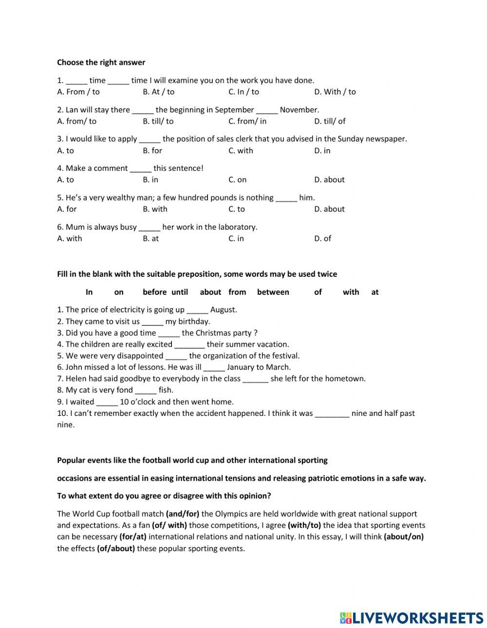 Preposition online exercise for 10 | Live Worksheets