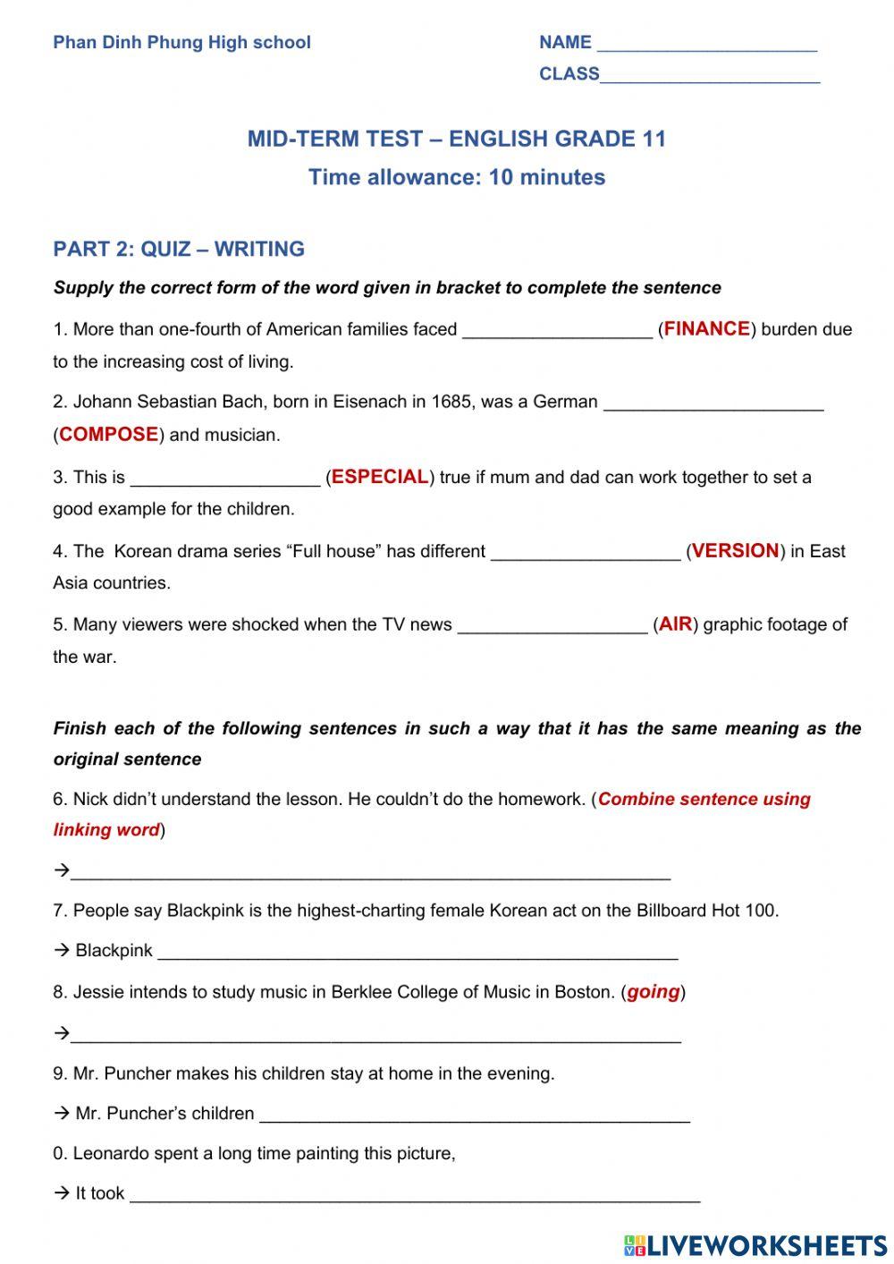 Mid-term 1 - Writing 2 worksheet | Live Worksheets