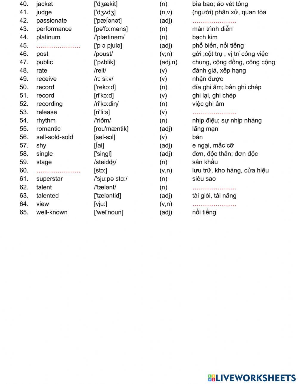 Unit 3. Music. Getting started. Vocabulary 1631013 | TRẦN