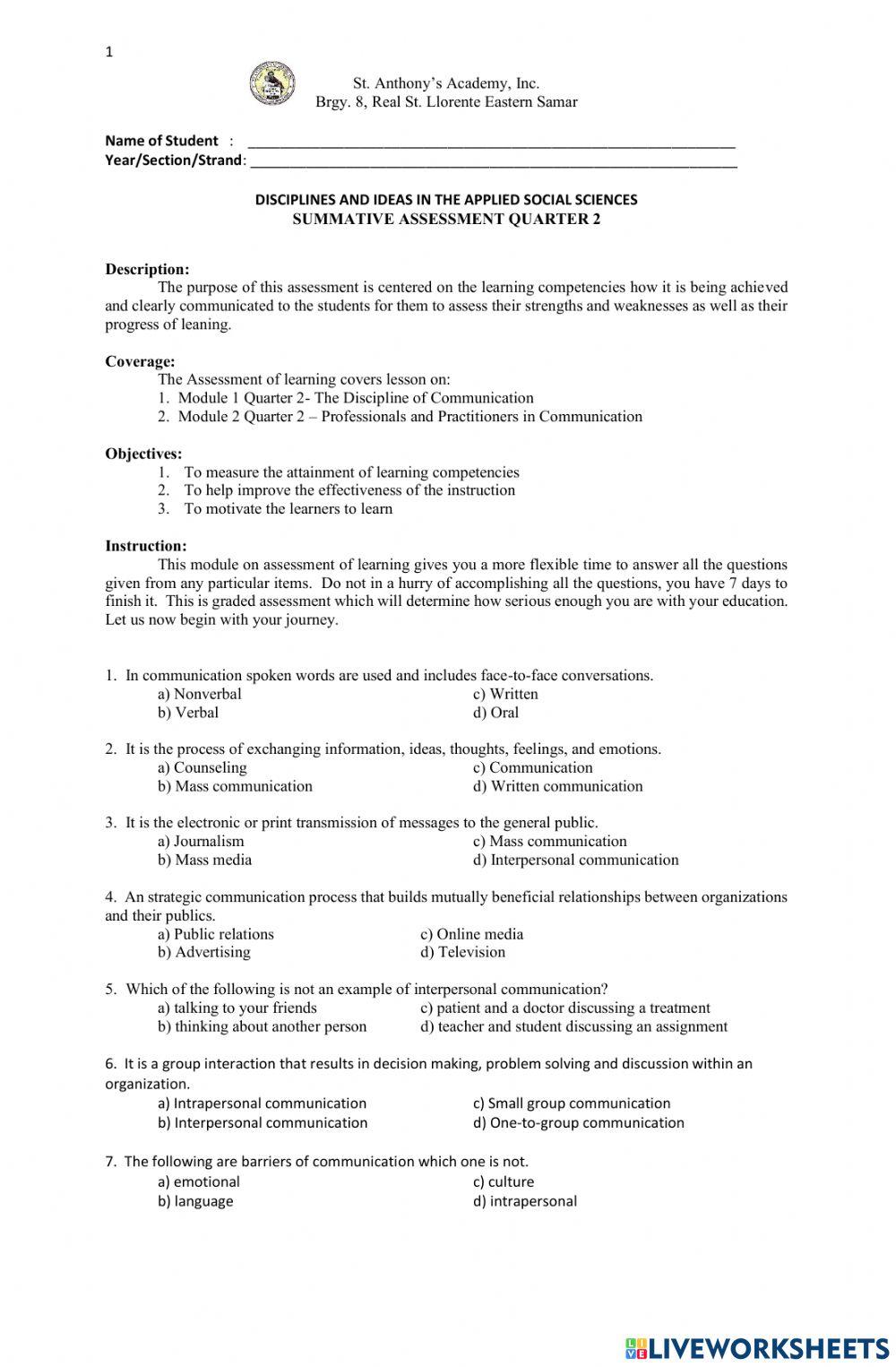 Summative Assessment interactive worksheet for 12 | Live Worksheets