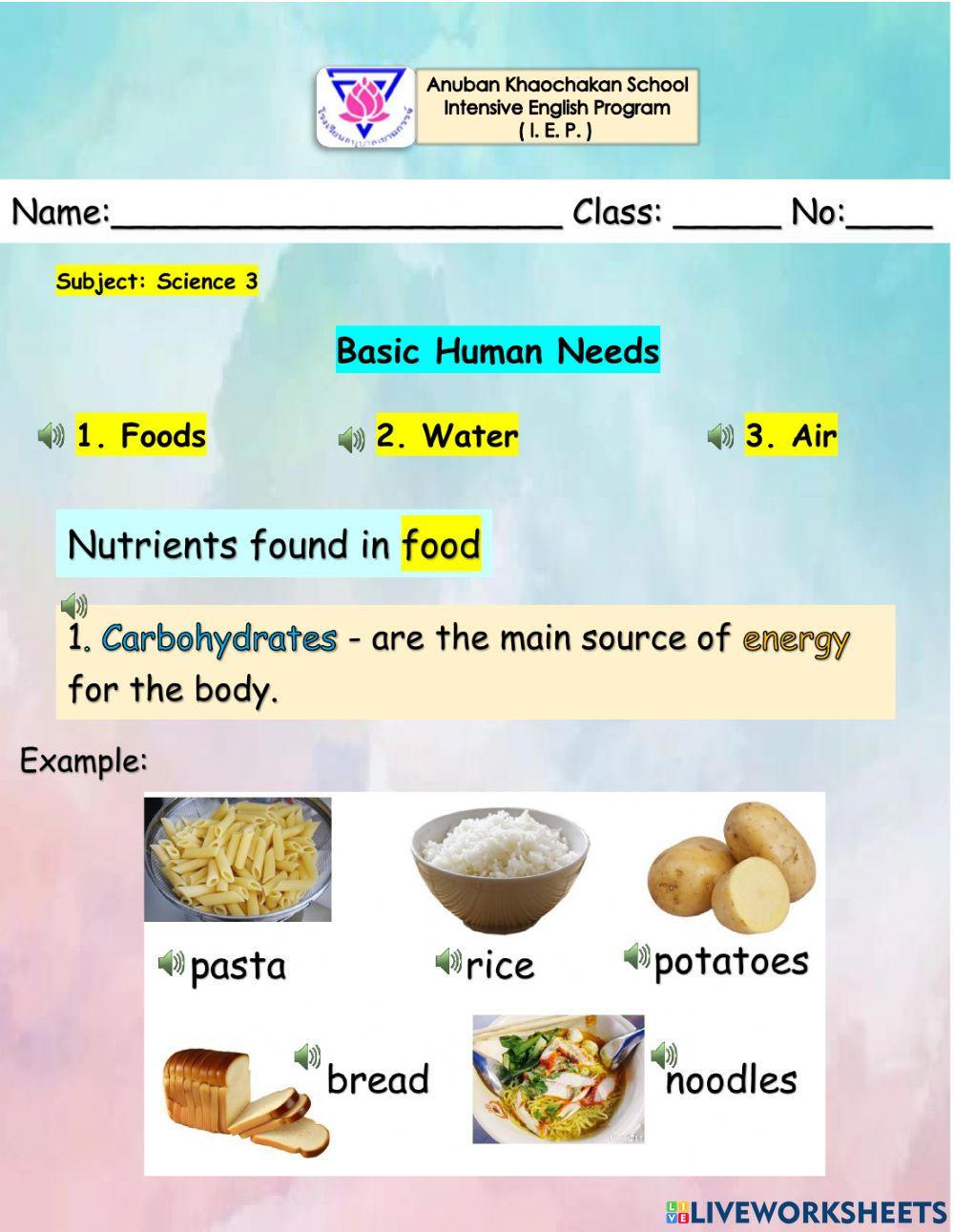 Human needs- food nutrient classes worksheet | Live Worksheets