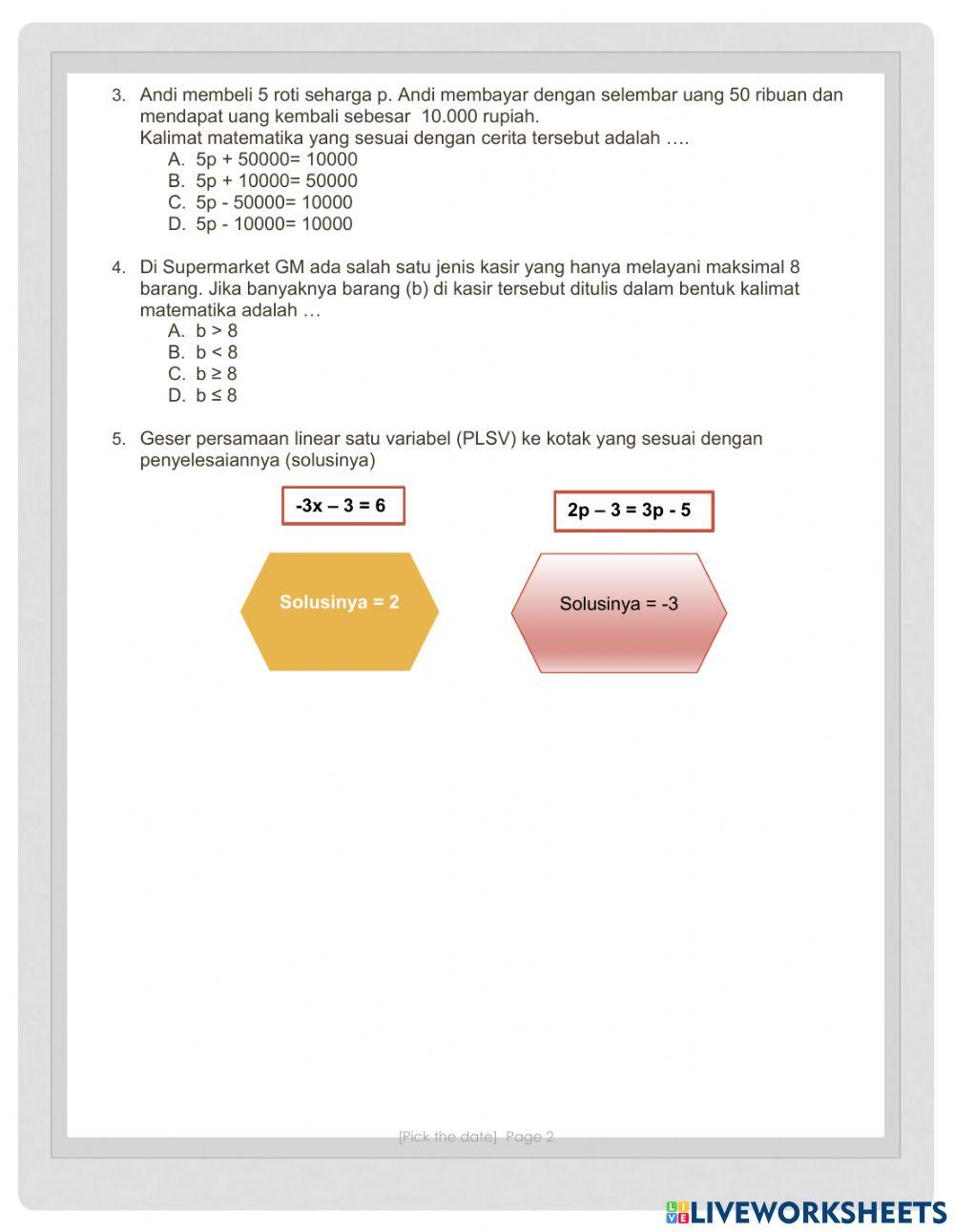 PLSV dan PtLSV | Free Interactive Worksheets | 1631261