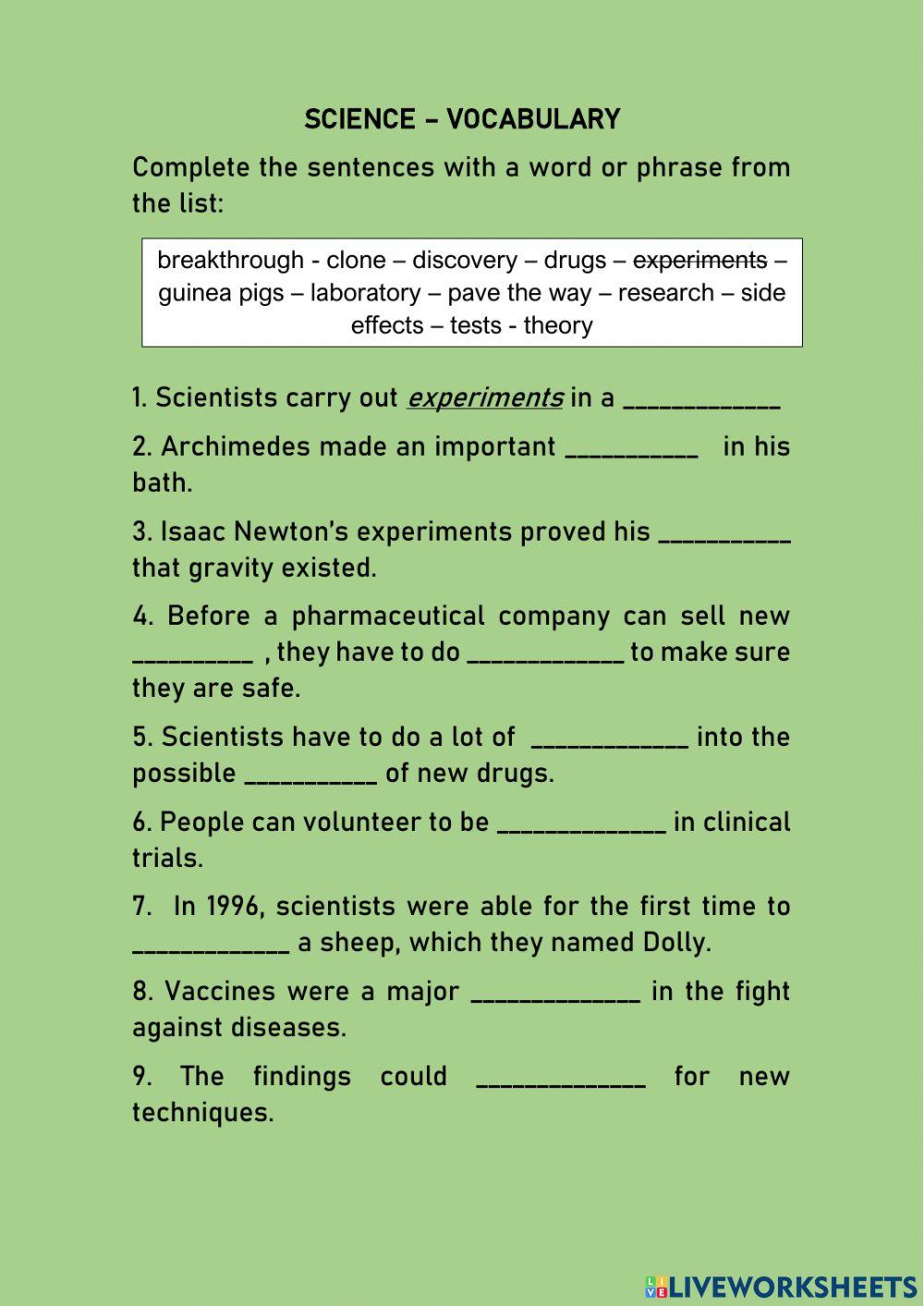Science - vocabulary C1 online exercise for | Live Worksheets