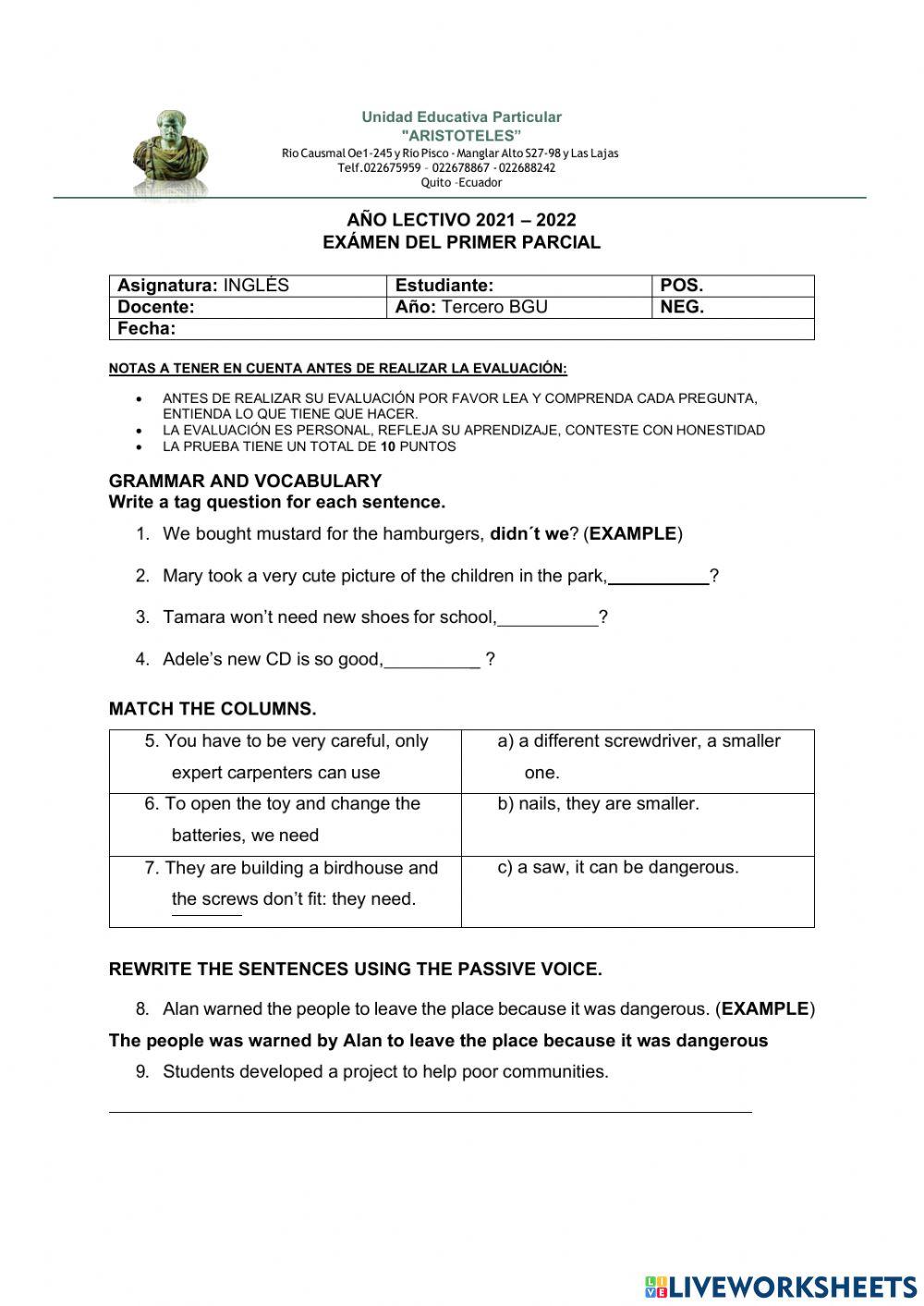 Primer Parcial 3ro Aristóteles online exercise for | Live Worksheets