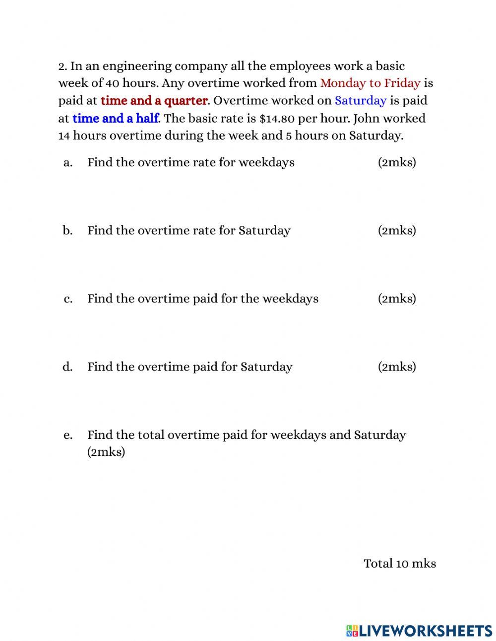 Overtime wage online exercise for | Live Worksheets