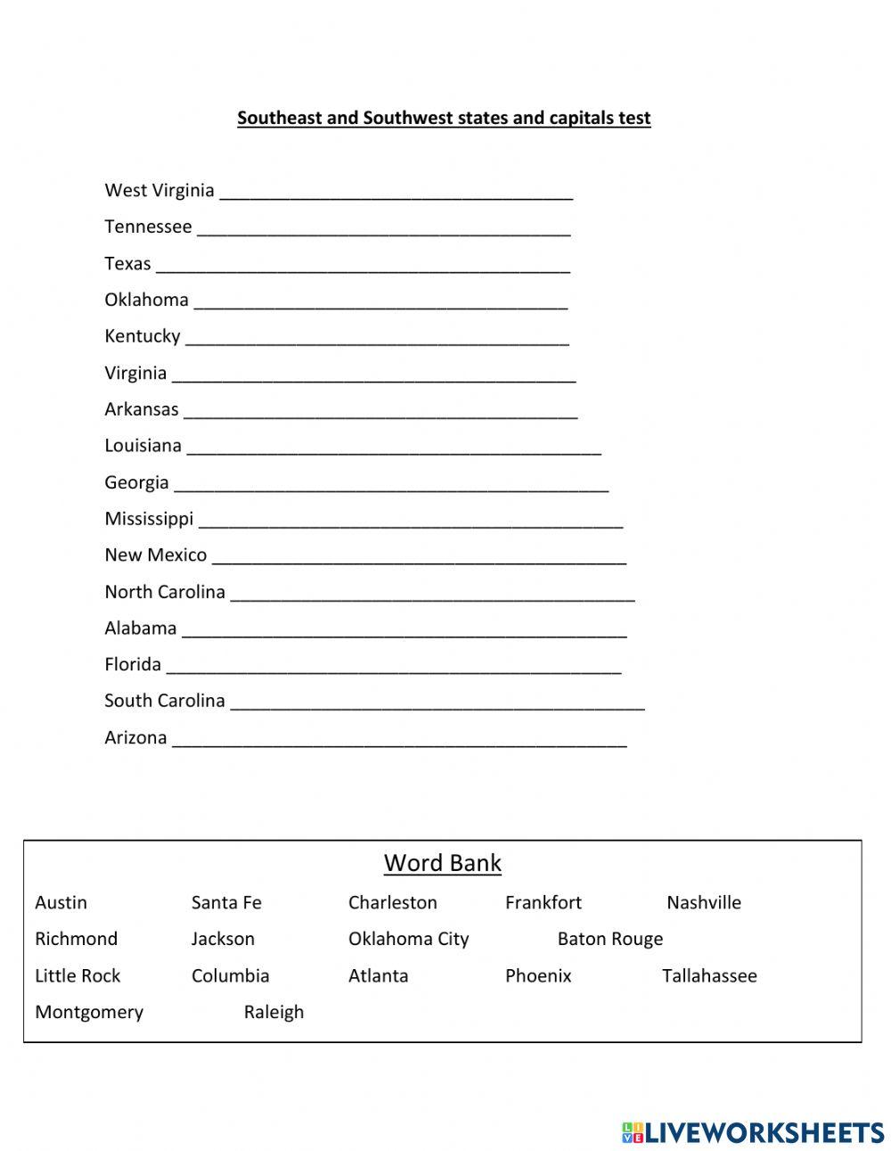 Southeast States And Capitals Worksheets 50 States Quiz | Twinkl USA