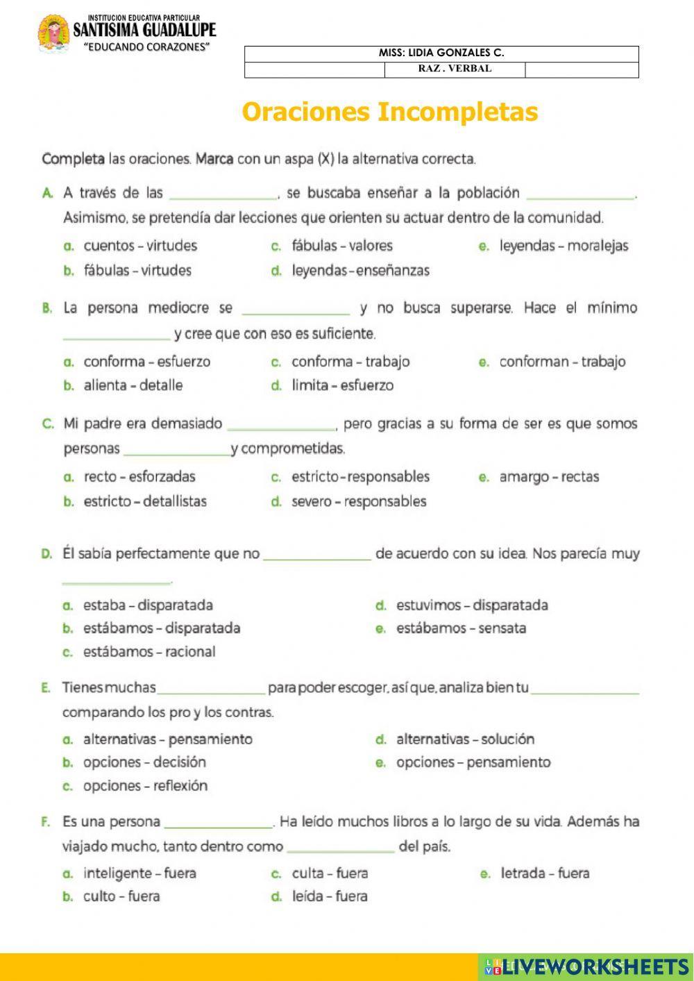 Oraciones Incompletas Ejercicios Para Quinto De Primaria Fichas Gratis ... Oraciones Incompletas Ejercicios Para Quinto De Primaria Fichas Gratis ...