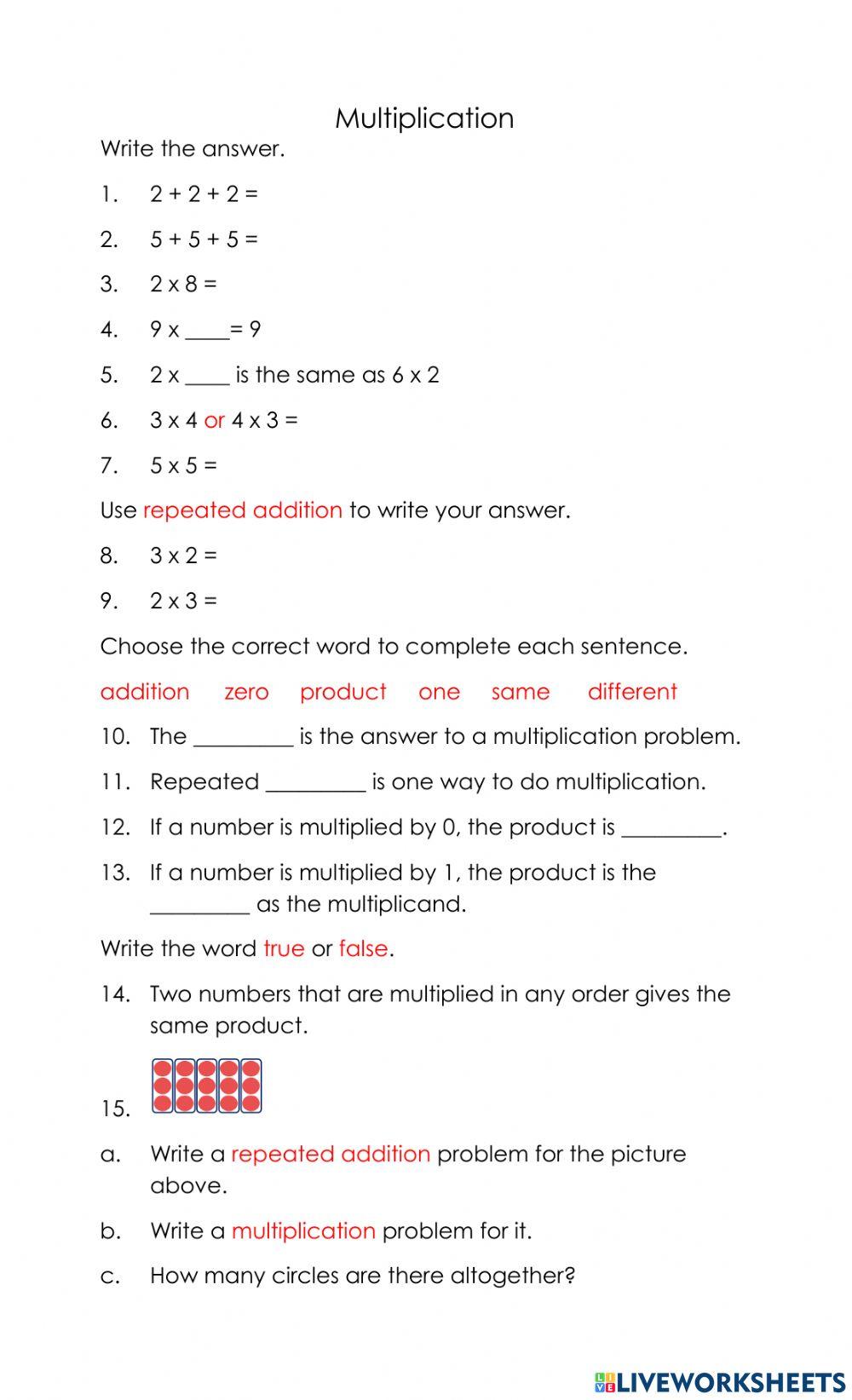 Multiplication Using Repeated Addition worksheet | Live Worksheets
