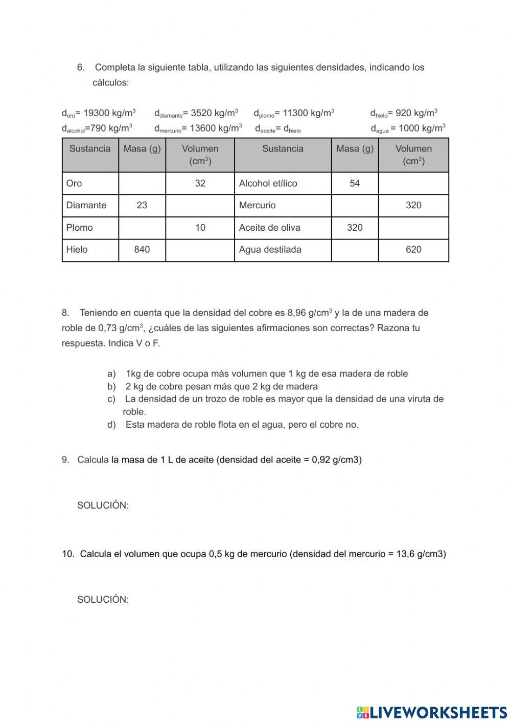 Densidad 2 worksheet | Live Worksheets