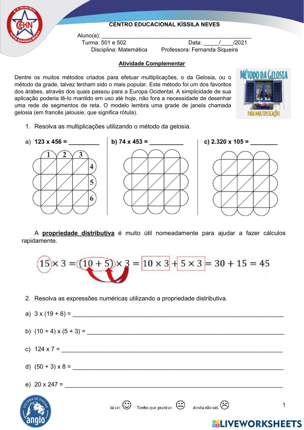 Método da Gelosia worksheet | Live Worksheets