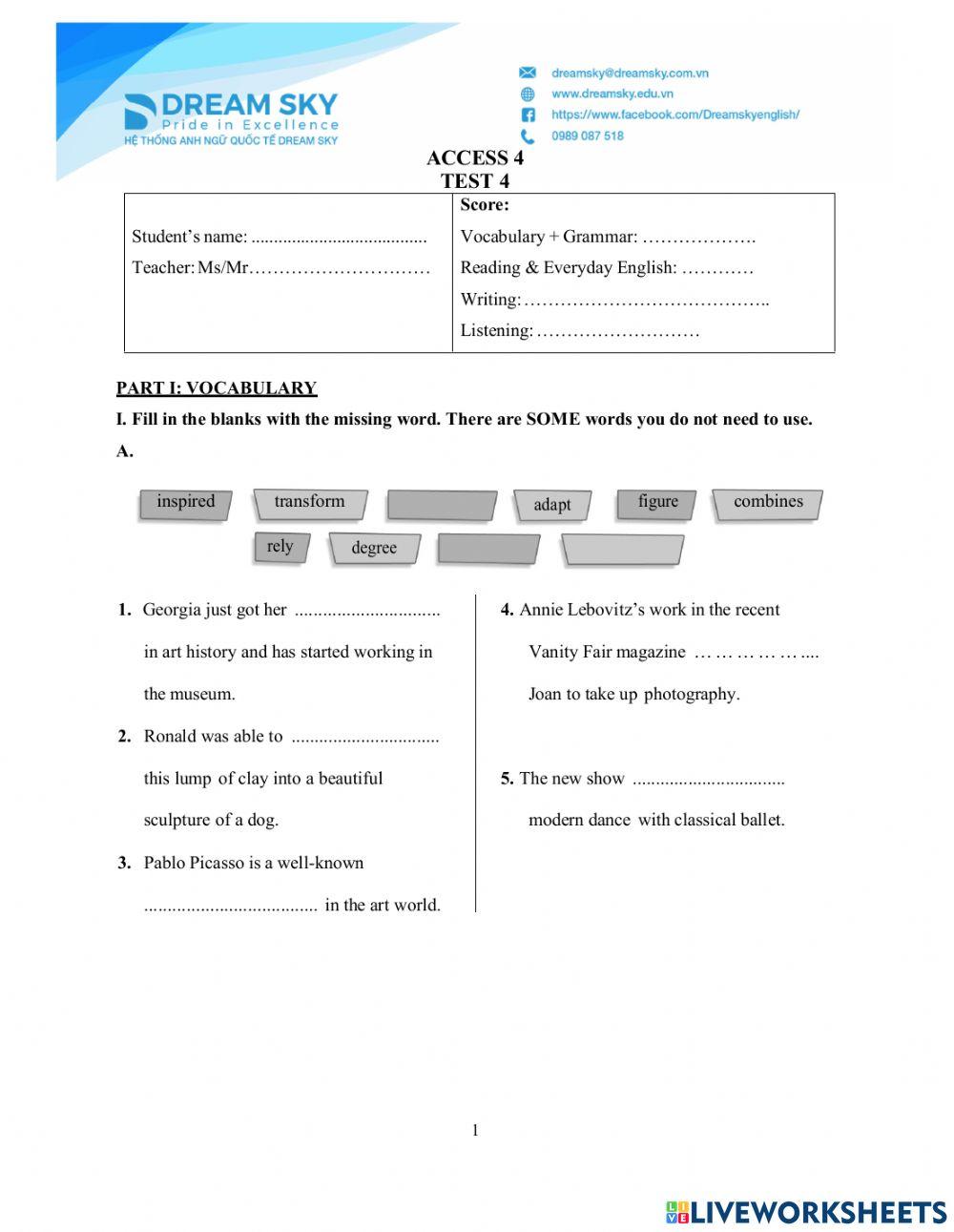DS - Access 4 - Test 4 Vocab + Grammar worksheet | Live Worksheets