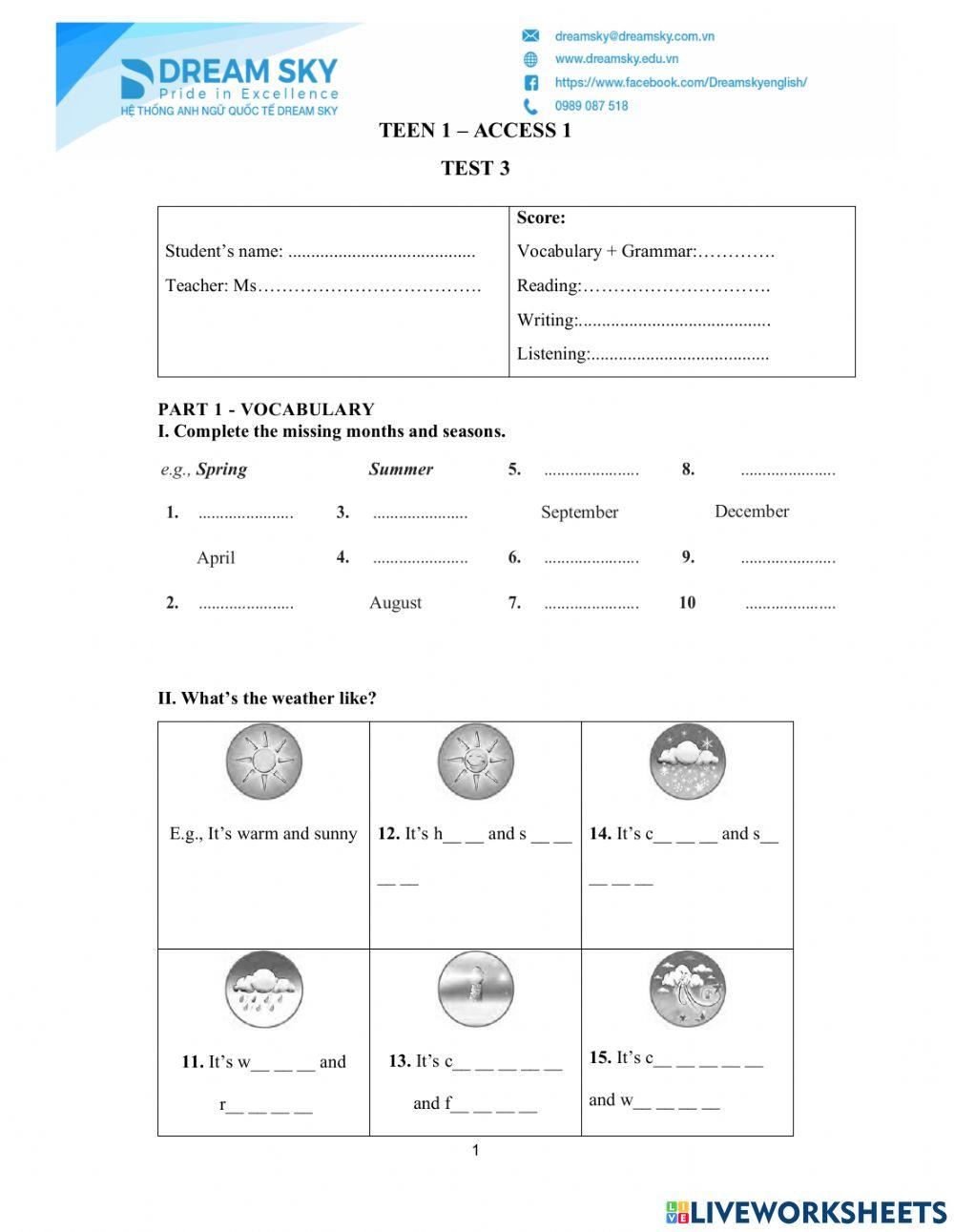 DS - Access 1 - Test 3 Vocab + Grammar worksheet | Live Worksheets