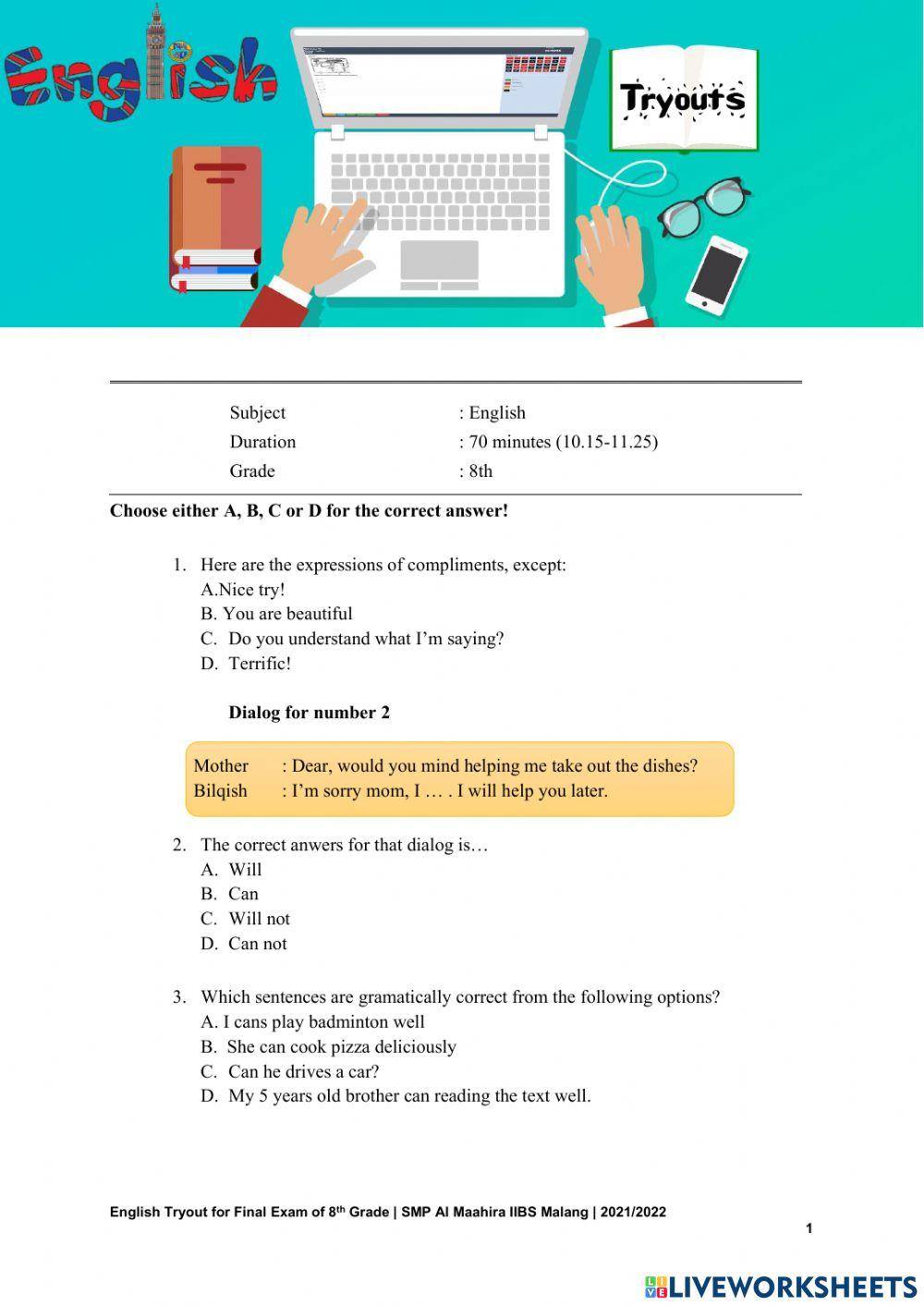 English tryout for 8th grade worksheet | Live Worksheets