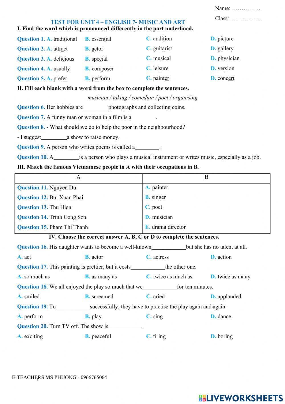 Test for unit 4 online worksheet | Live Worksheets