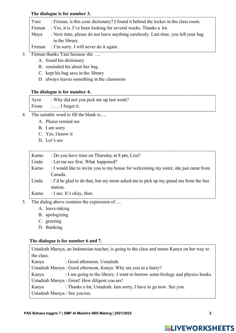 English tryout for 7th grade worksheet | Live Worksheets