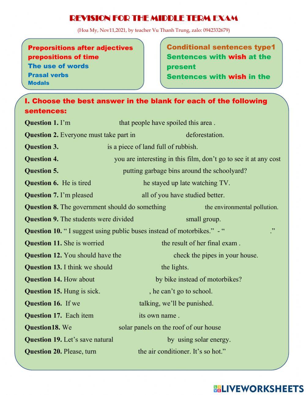 Grade 9 Revision for the middle term exam worksheet | Live Worksheets
