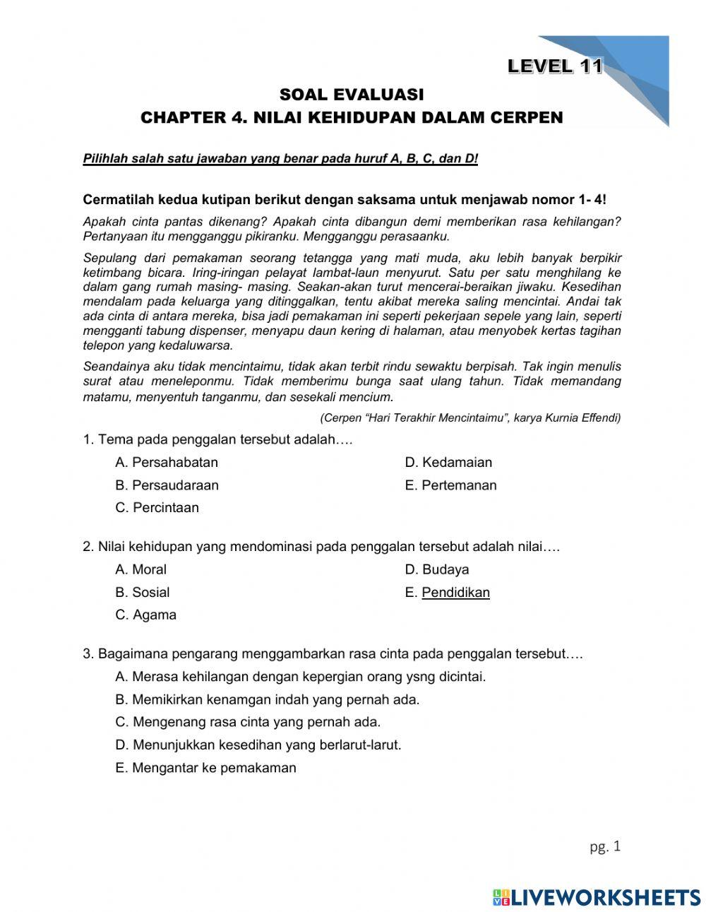 Latihan Soal Evaluasi - Level 11 - Nilai Kehidupan dalam Cerpen ...