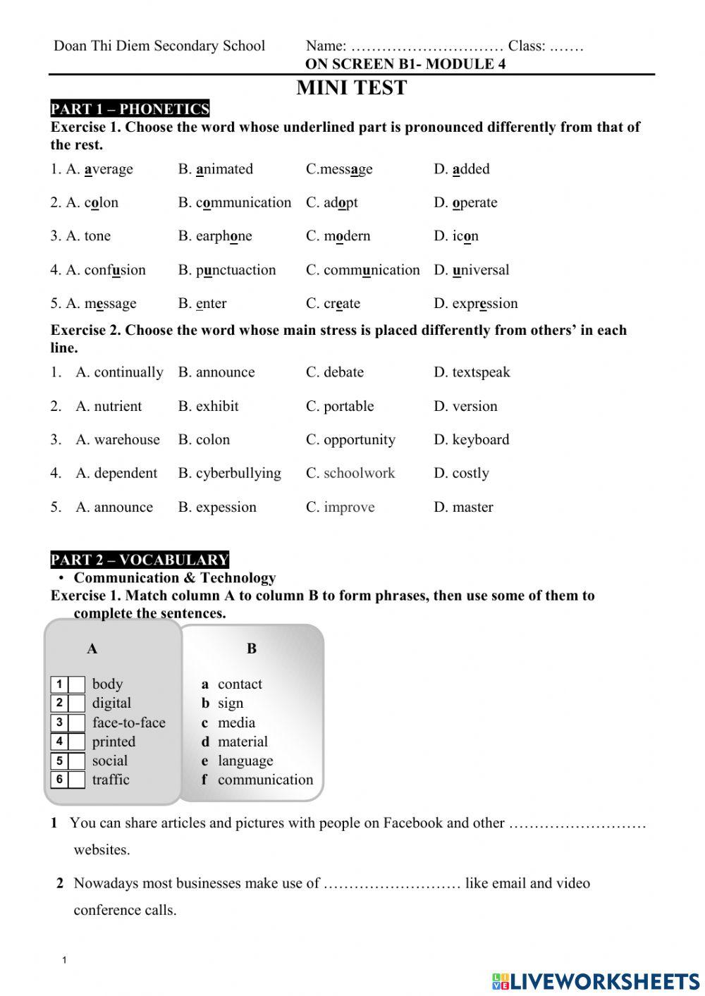 8s1 - b1 module 4 online exercise for | Live Worksheets