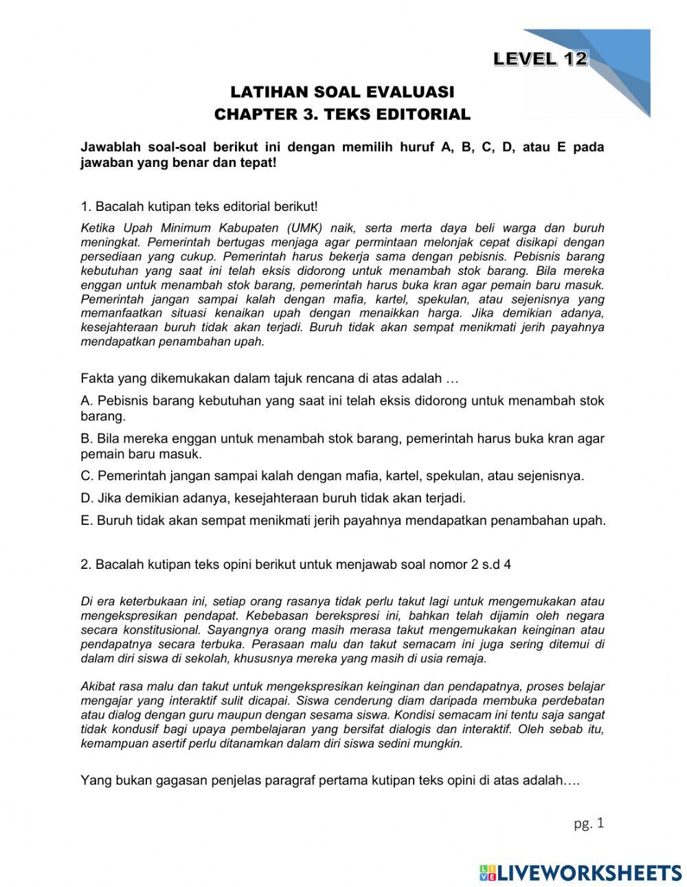 Latihan Soal Evaluasi - Level 12 - Teks Editorial 1634796
