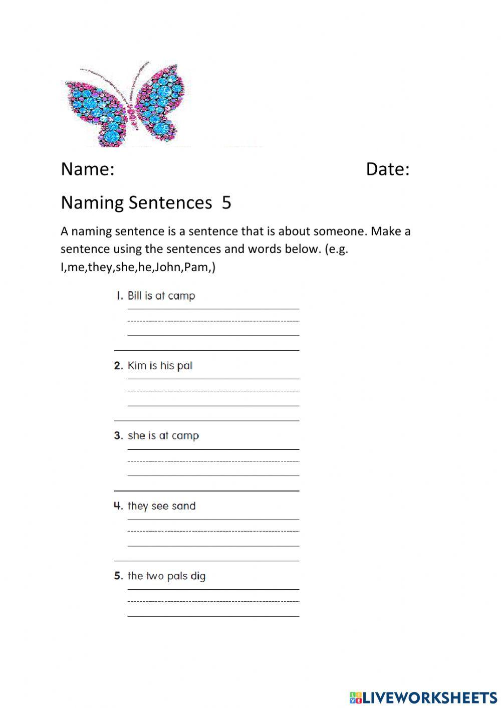 Naming Sentences 5 worksheet | Live Worksheets