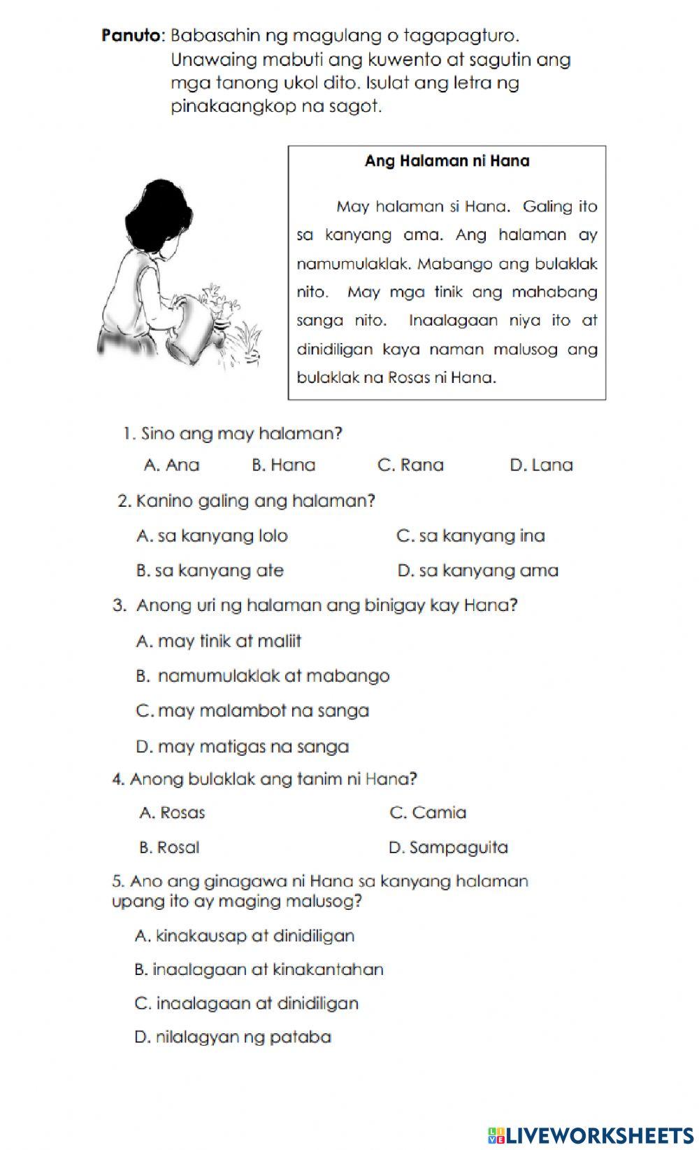 Ang halaman ni hana worksheet | Live Worksheets